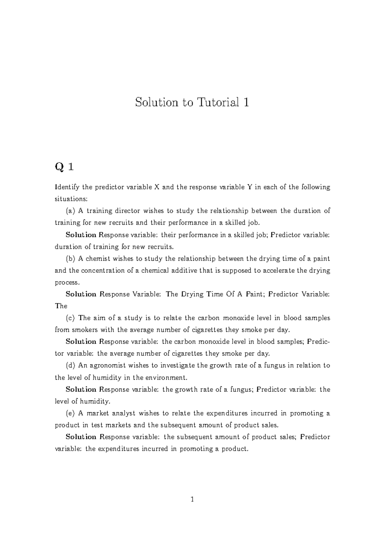 mh3510 tutorial 1 - Solution to Tutorial 1 Q 1 Identify the predictor variable X and the ...