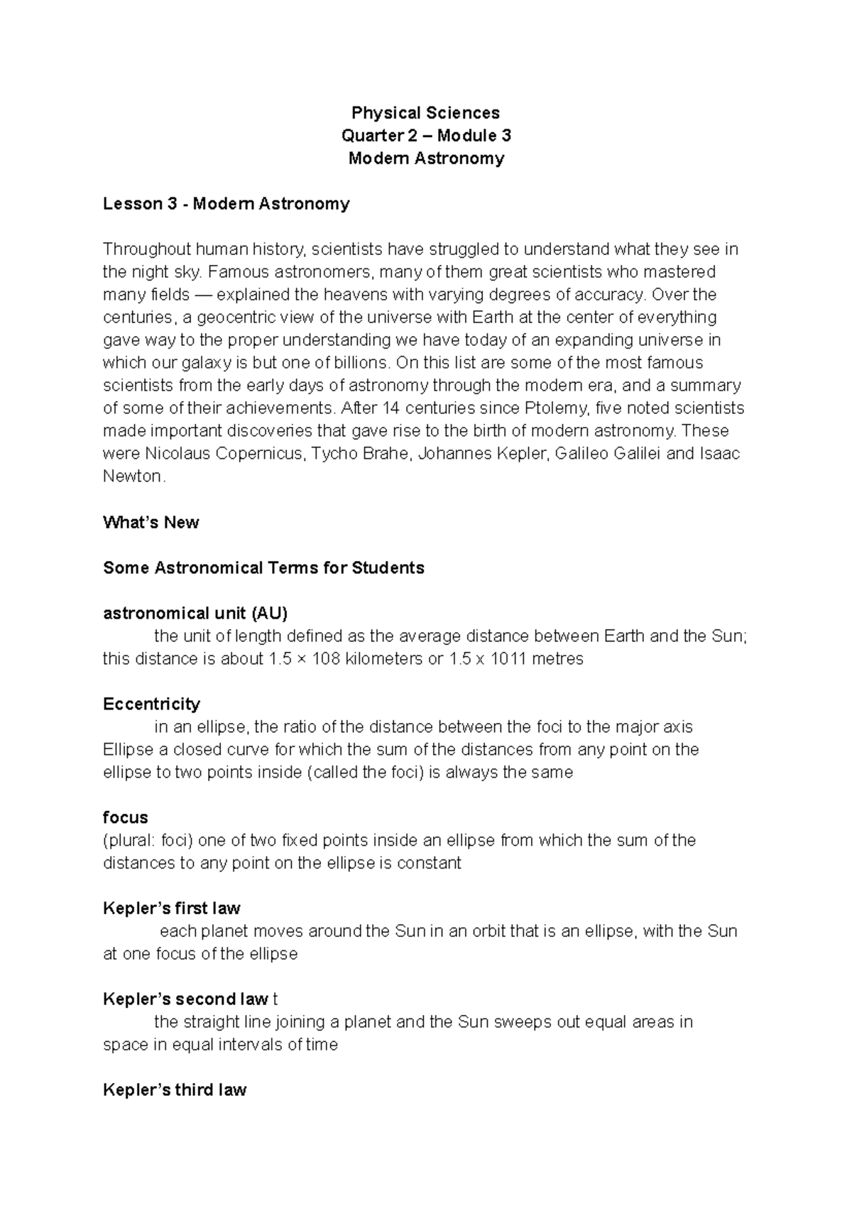 Physical Sciences - Modern Astronomy - Physical Sciences Quarter 2 ...
