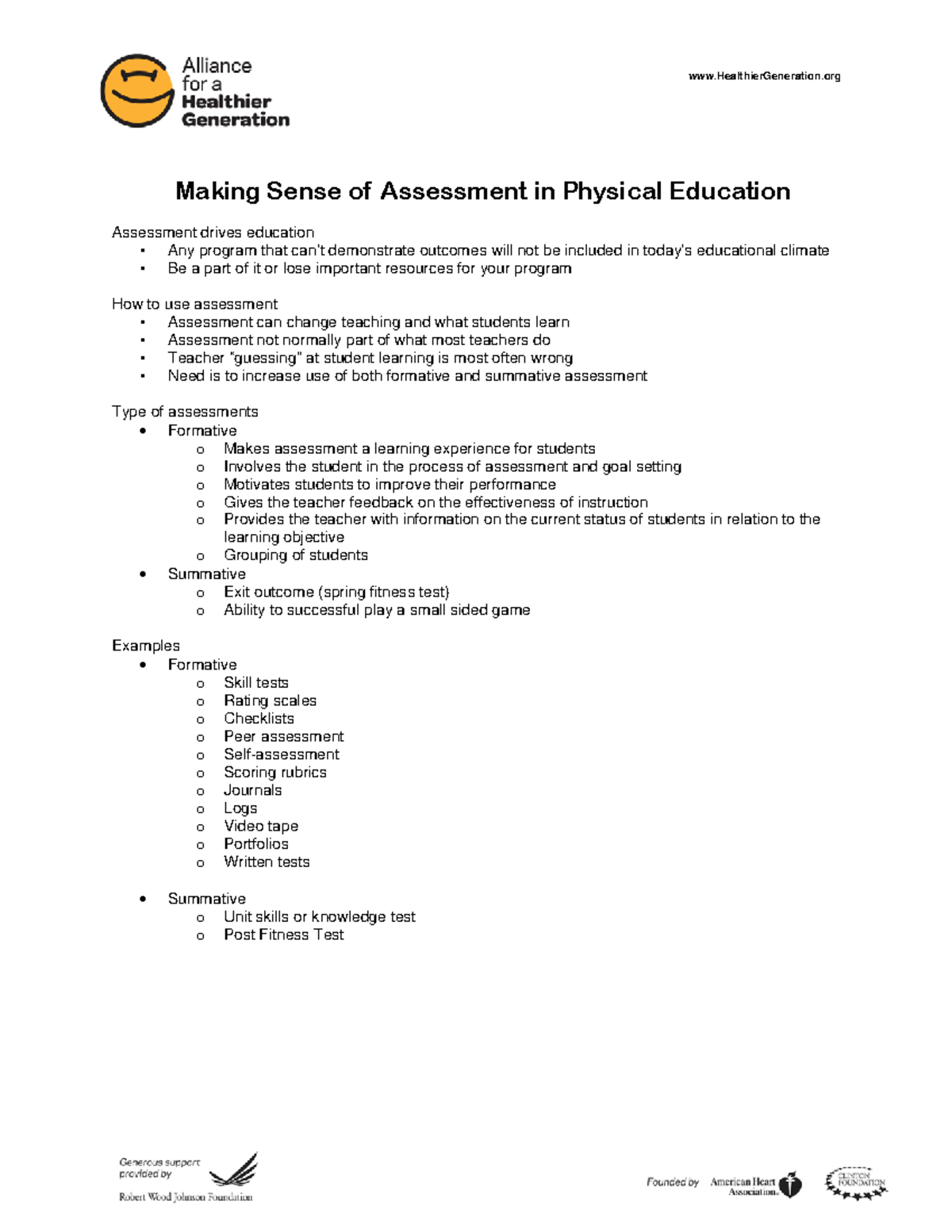Pasco assessment handout - HealthierGeneration Making Sense of ...