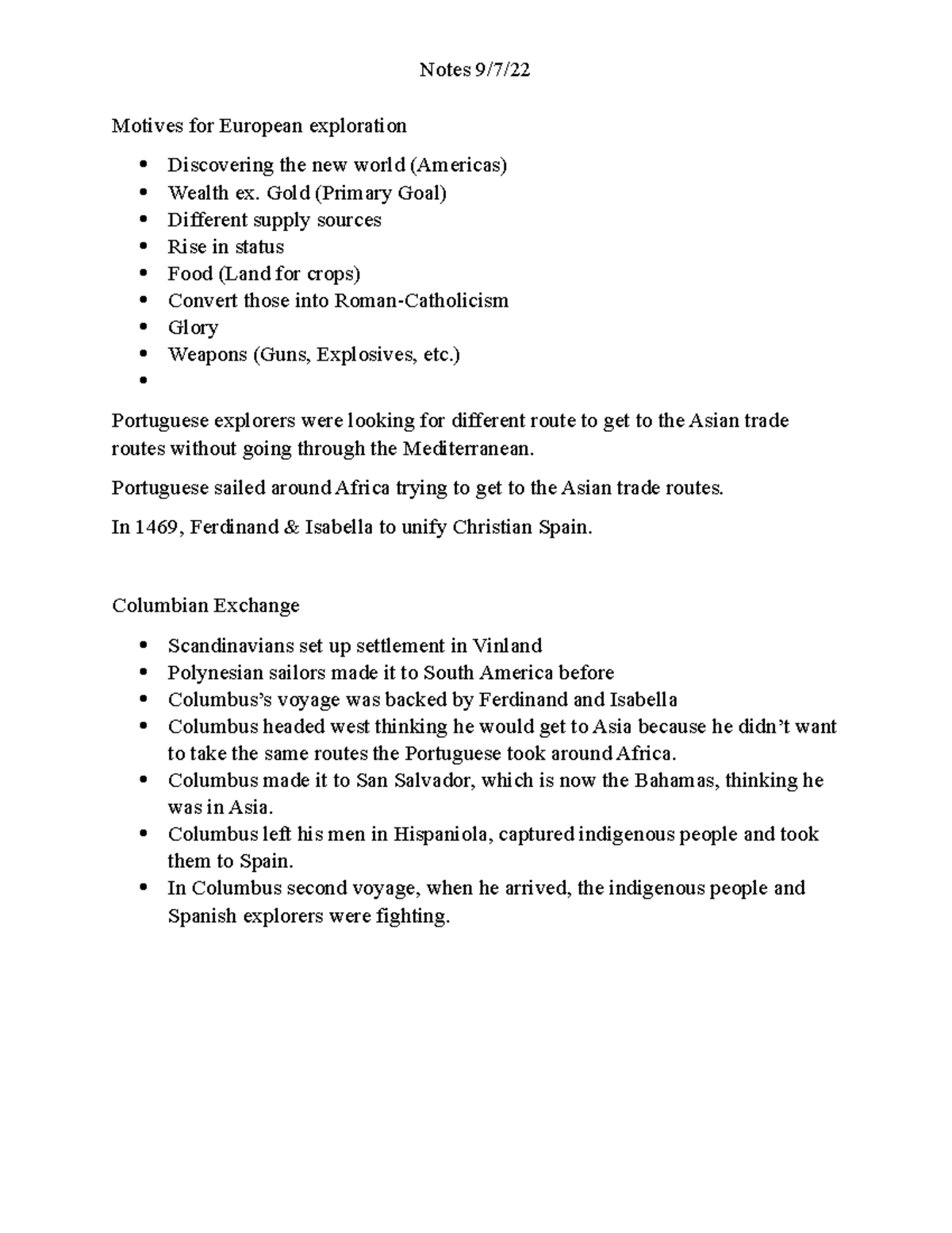 History Notes September 7, 2022 - Notes 9/7/ Motives for European ...