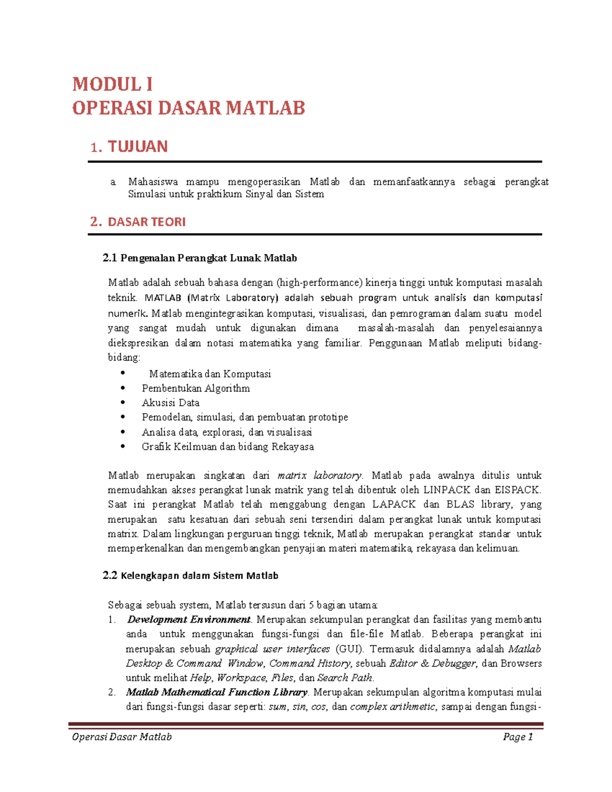Modul I - Bahan Praktikum - MODUL I OPERASI DASAR MATLAB 1. TUJUAN a ...