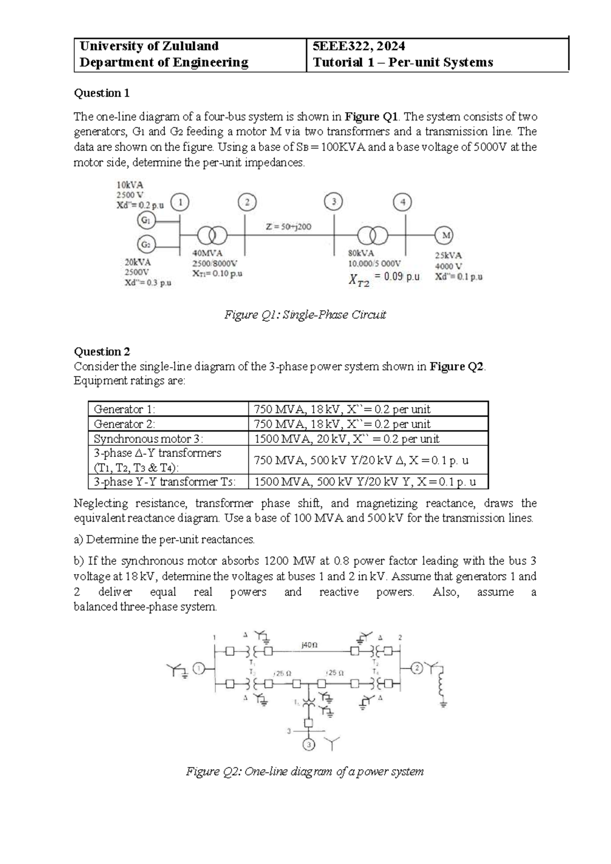 01 Tutorial 1 PER UNIT System 5EEE322 2024 - University of Zululand ...