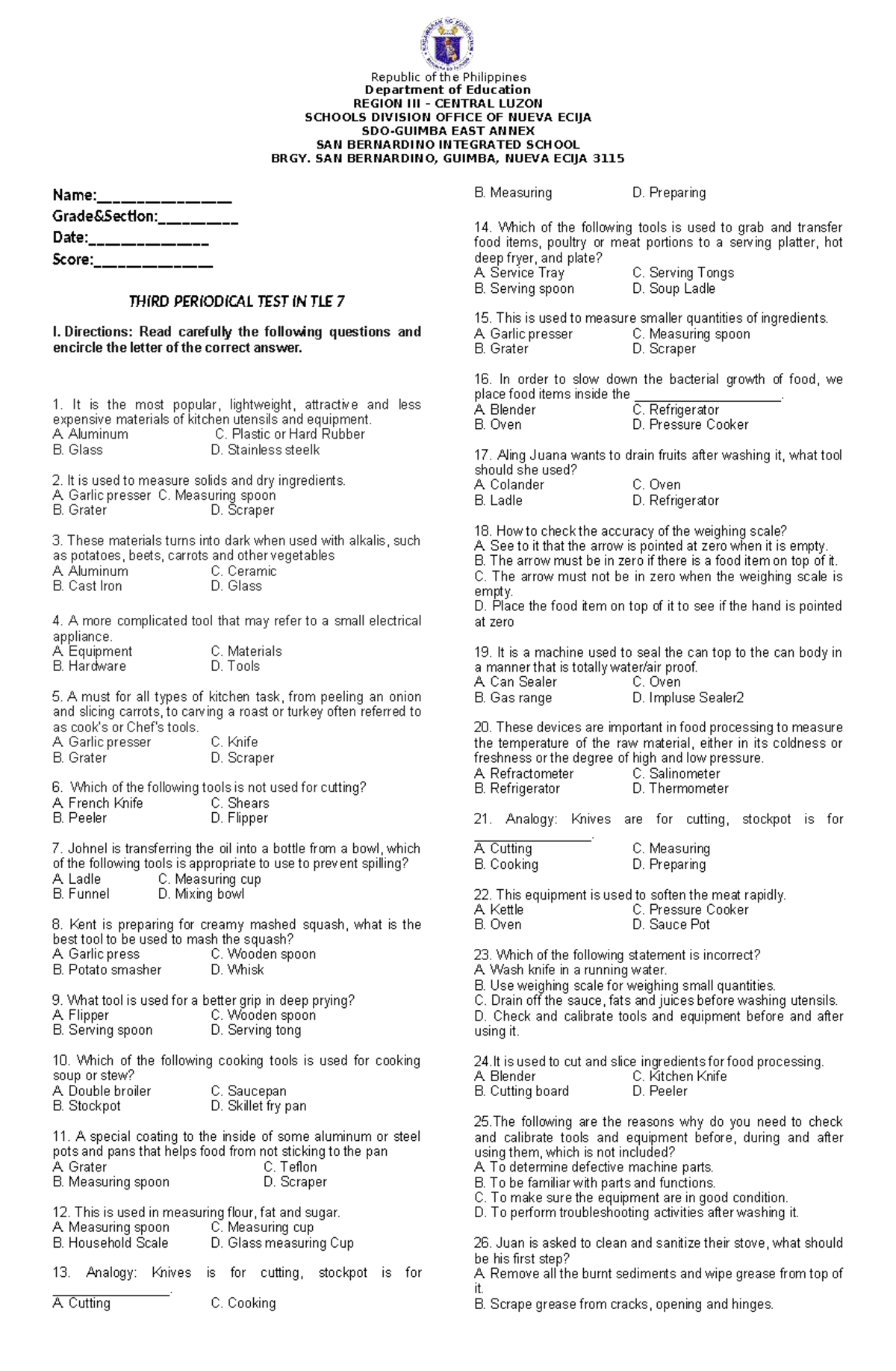 TLE-7-EXAM - Republic of the Philippines Department of Education REGION III – CENTRAL LUZON ...