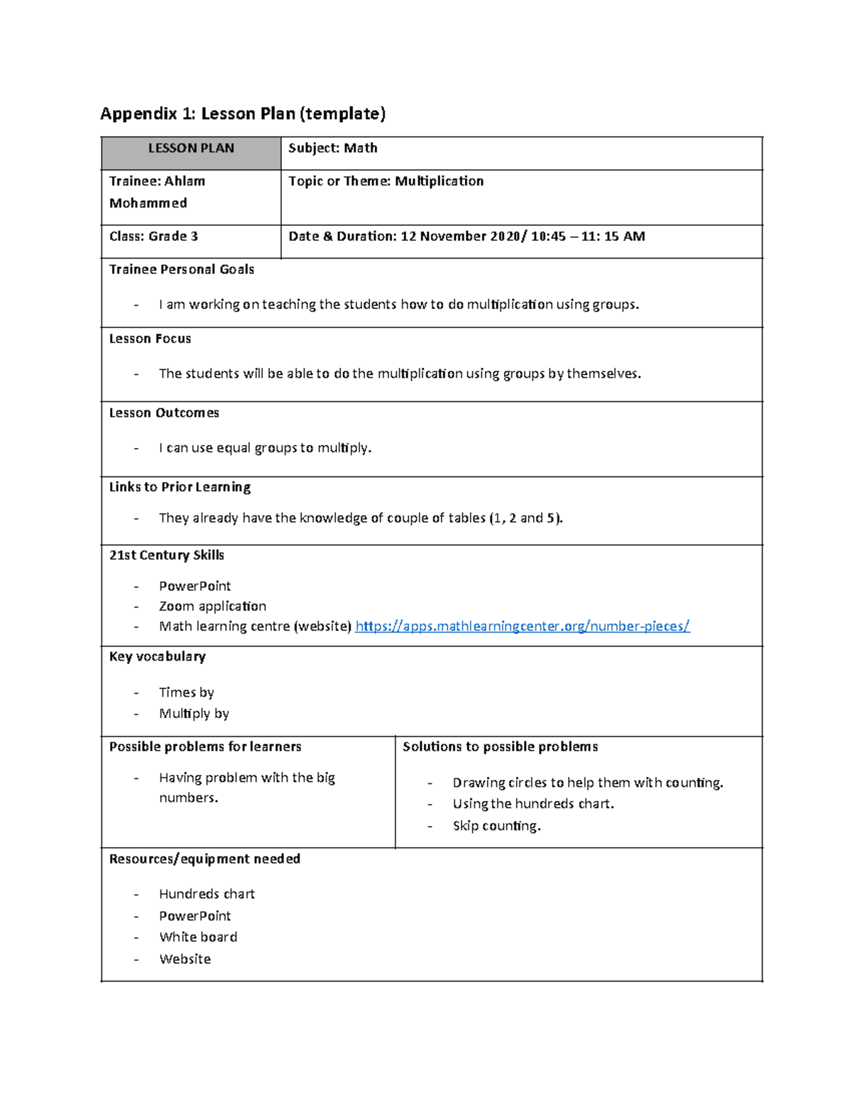 486238803-math-multiplication - Appendix 1: Lesson Plan (template ...
