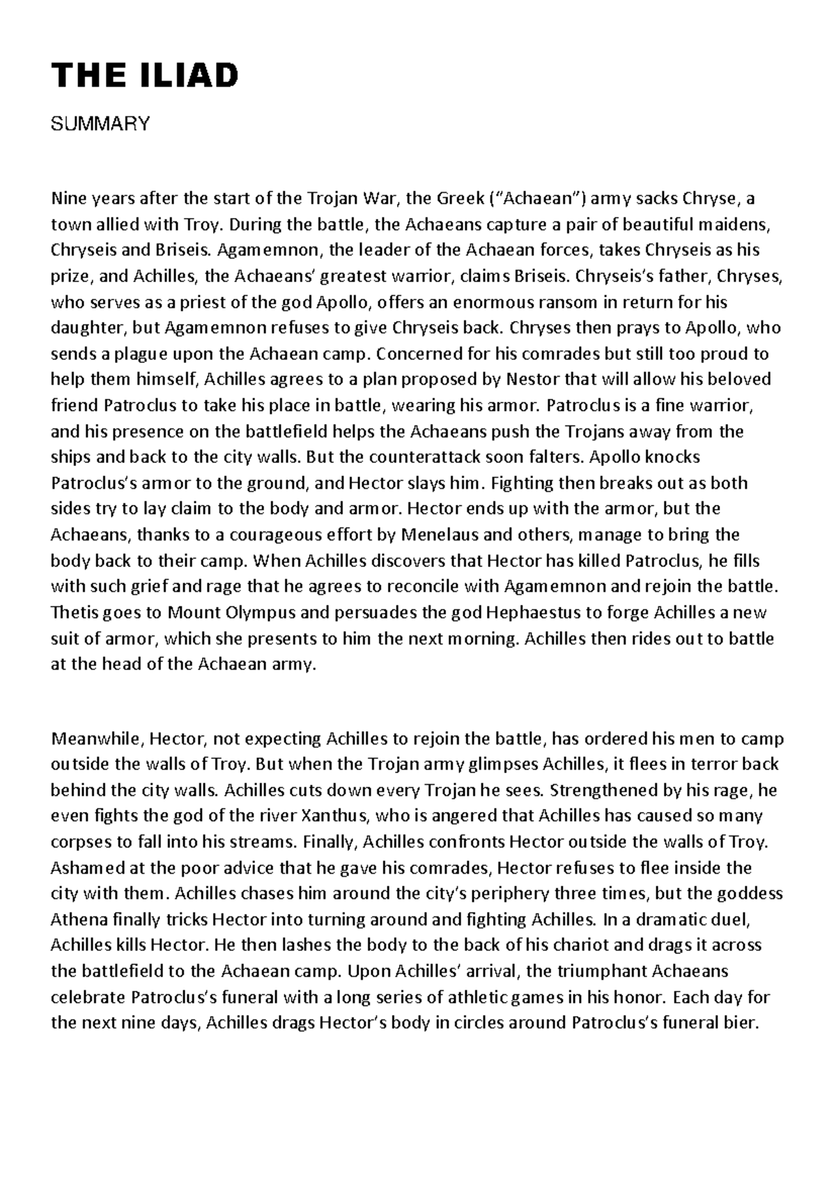 433999526 Iliad Summary ARAL PAN - THE ILIAD SUMMARY Nine years after ...