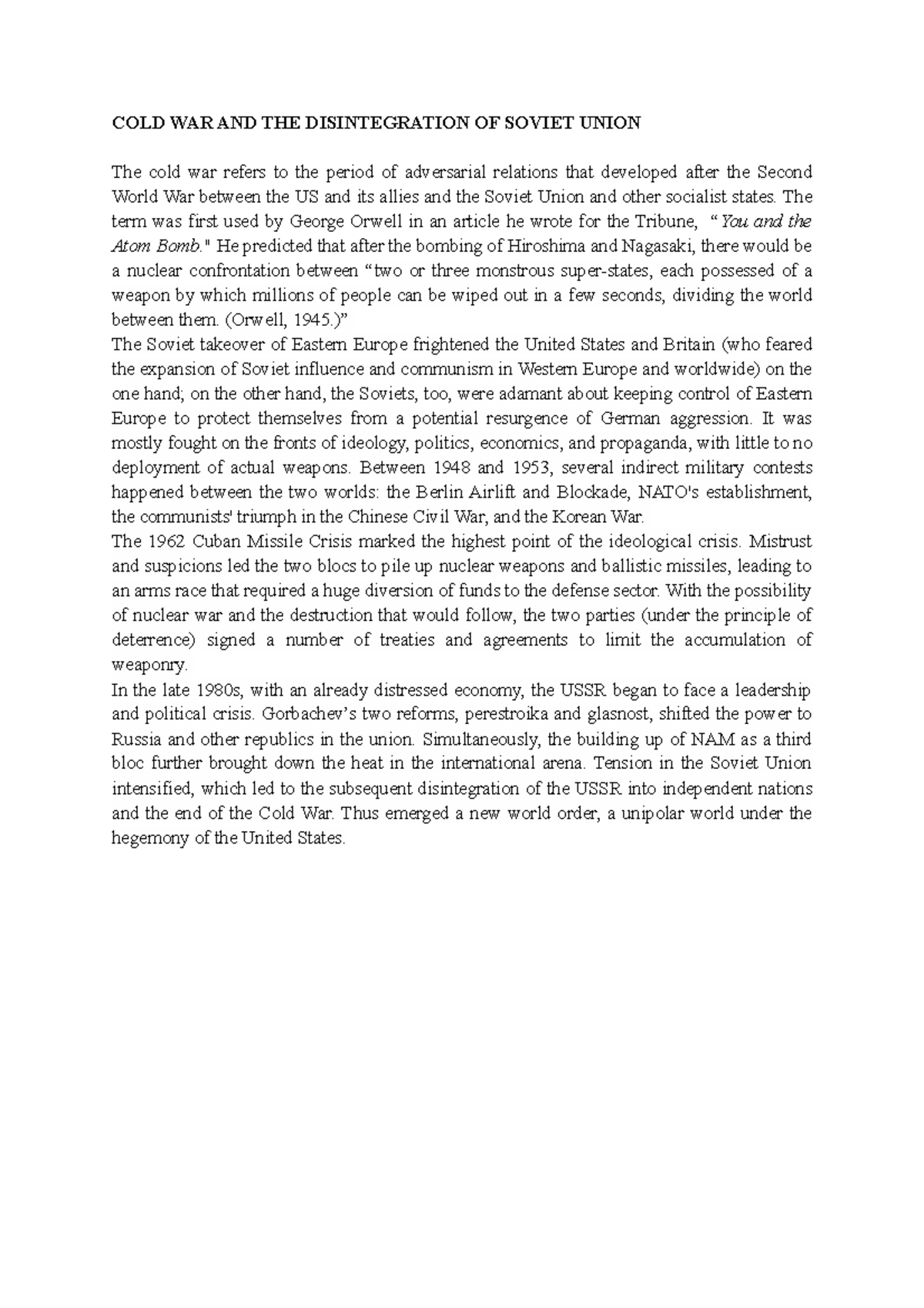 Cold War and the Disintegration OF Soviet Union - COLD WAR AND THE ...