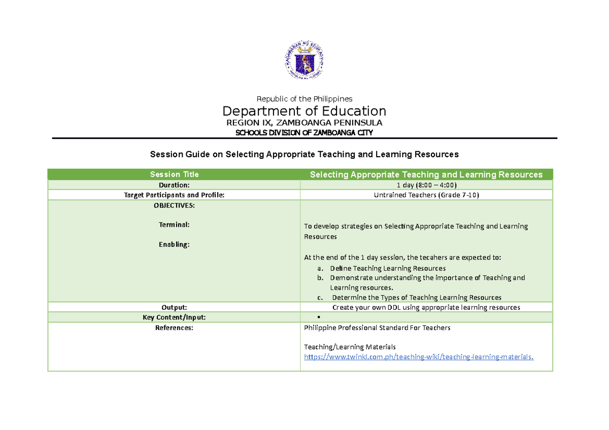 Inset Session Guide Sample Ester S - Republic of the Philippines ...