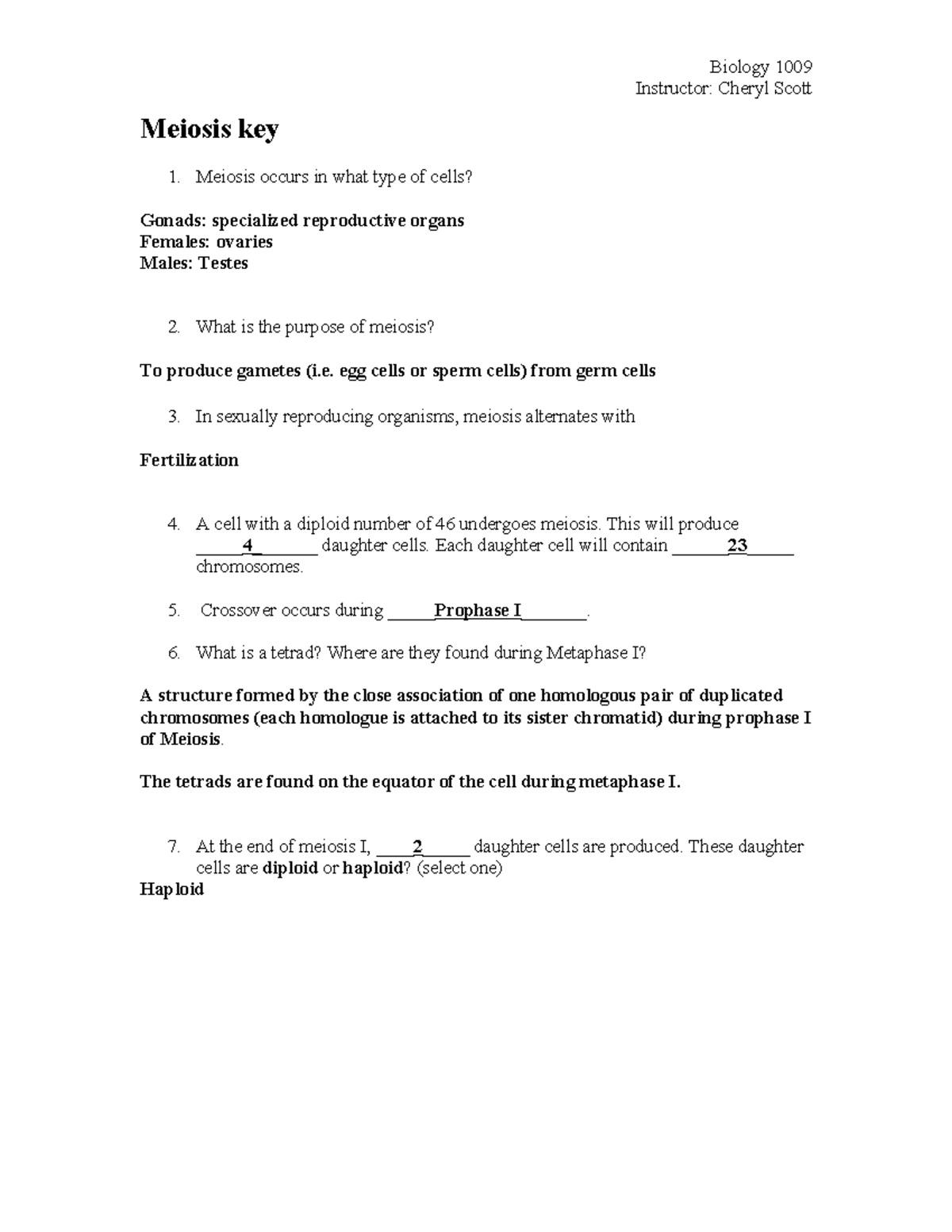 Meiosis key - cheryl scott - Instructor: Cheryl Scott Meiosis key ...