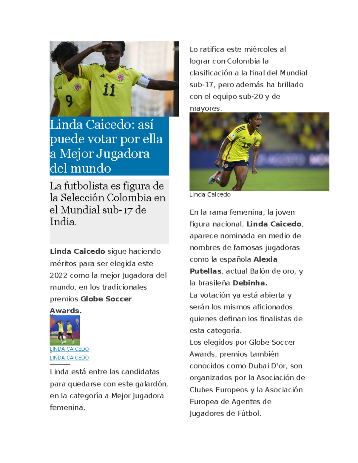 Tarea de johan - Linda Caicedo: así puede votar por ella a Mejor ...