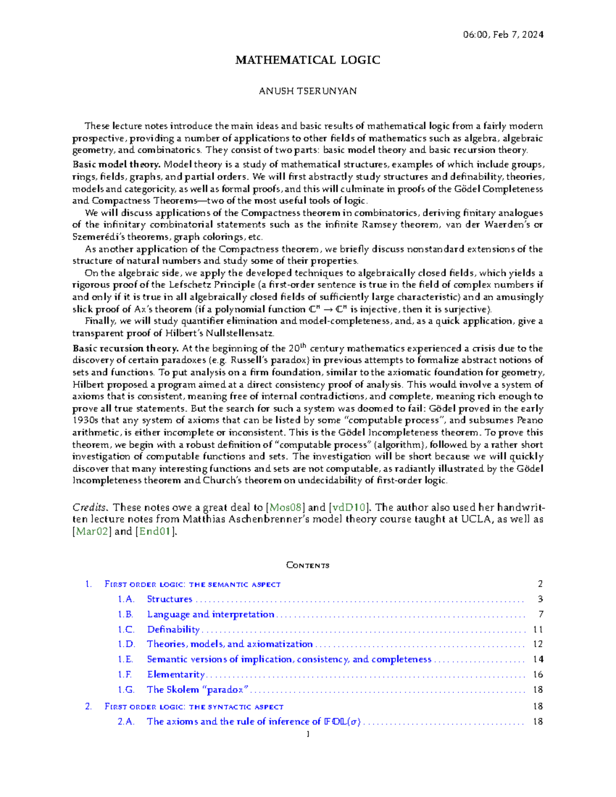 Logic lectures - 06:00, Feb 7, 2024 MATHEMATICAL LOGIC ANUSH TSERUNYAN ...