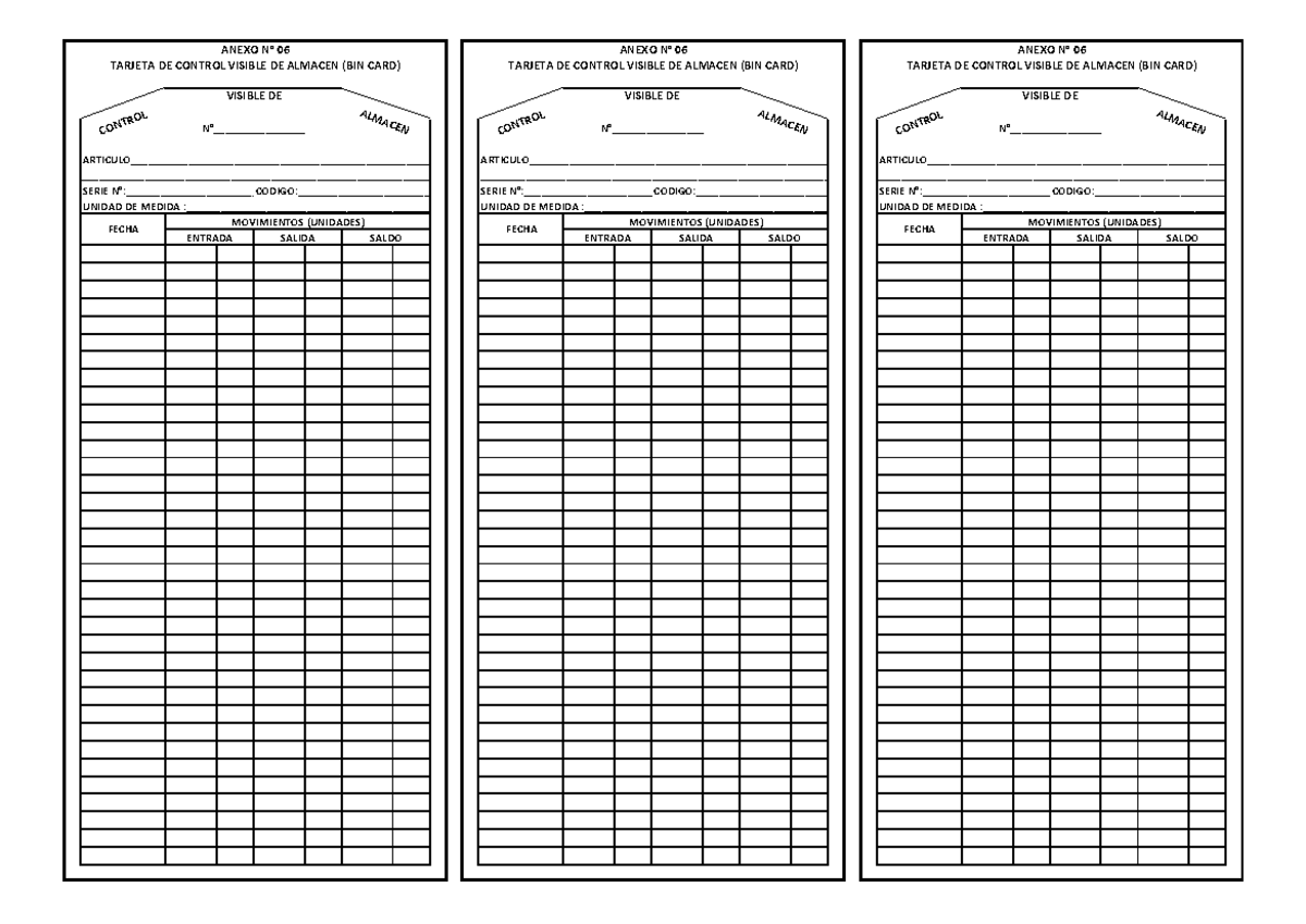 Anexo 06 - ANEXO N° 06 TARJETA DE CONTROL VISIBLE DE ALMACEN (BIN CARD ...