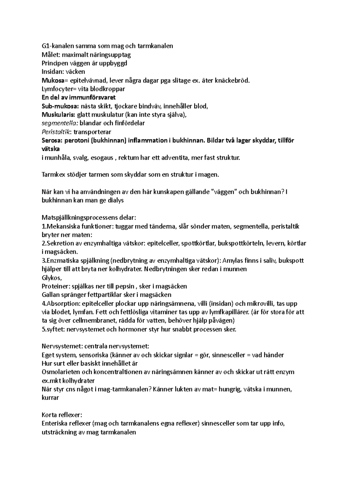 Anteckningar mat - G1-kanalen samma som mag och tarmkanalen Målet ...