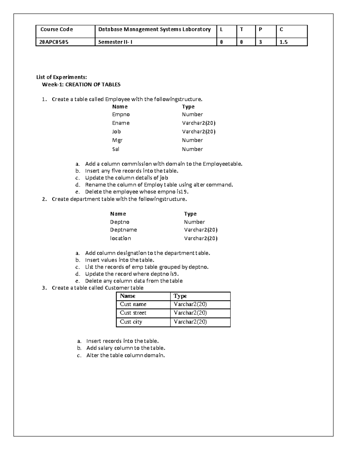 DBMS Lab manual Upto Week-12 - ####### Course Code Database Management Systems Laboratory L T P ...