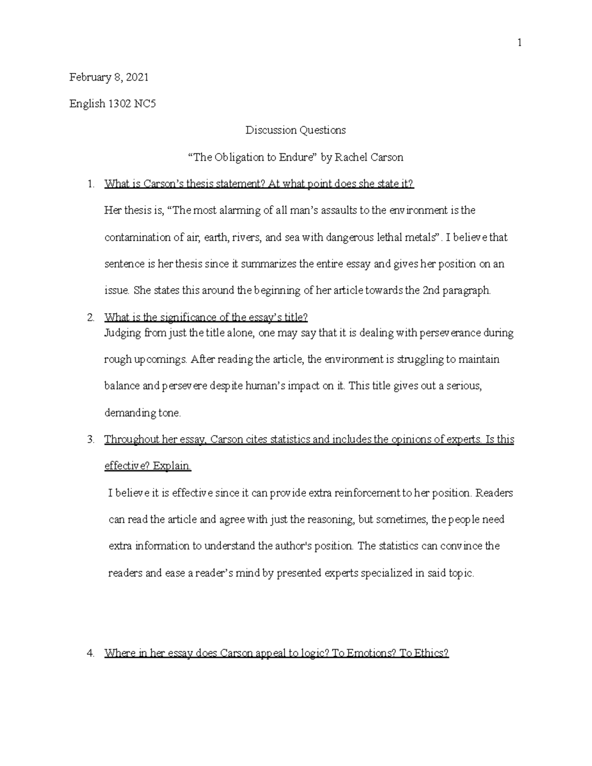 The Obligation to Endure by Rachel Carson Questions - 1 February 8 ...