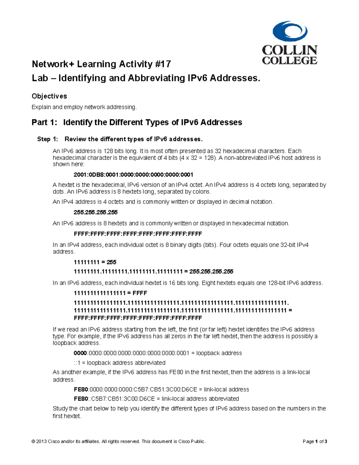 Network+ Learning Activity #17 - Identifying and Abbreviating IPv6 ...