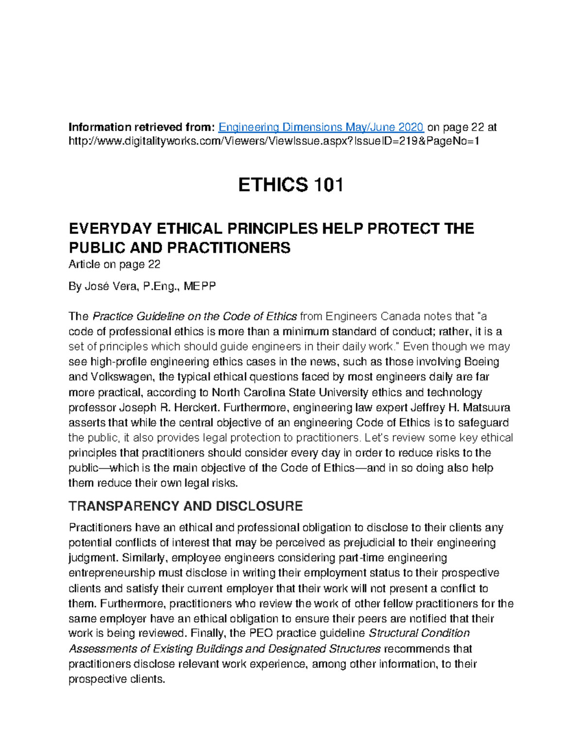 Reading Lecture 9- Ethics 101 - Information retrieved from: Engineering ...