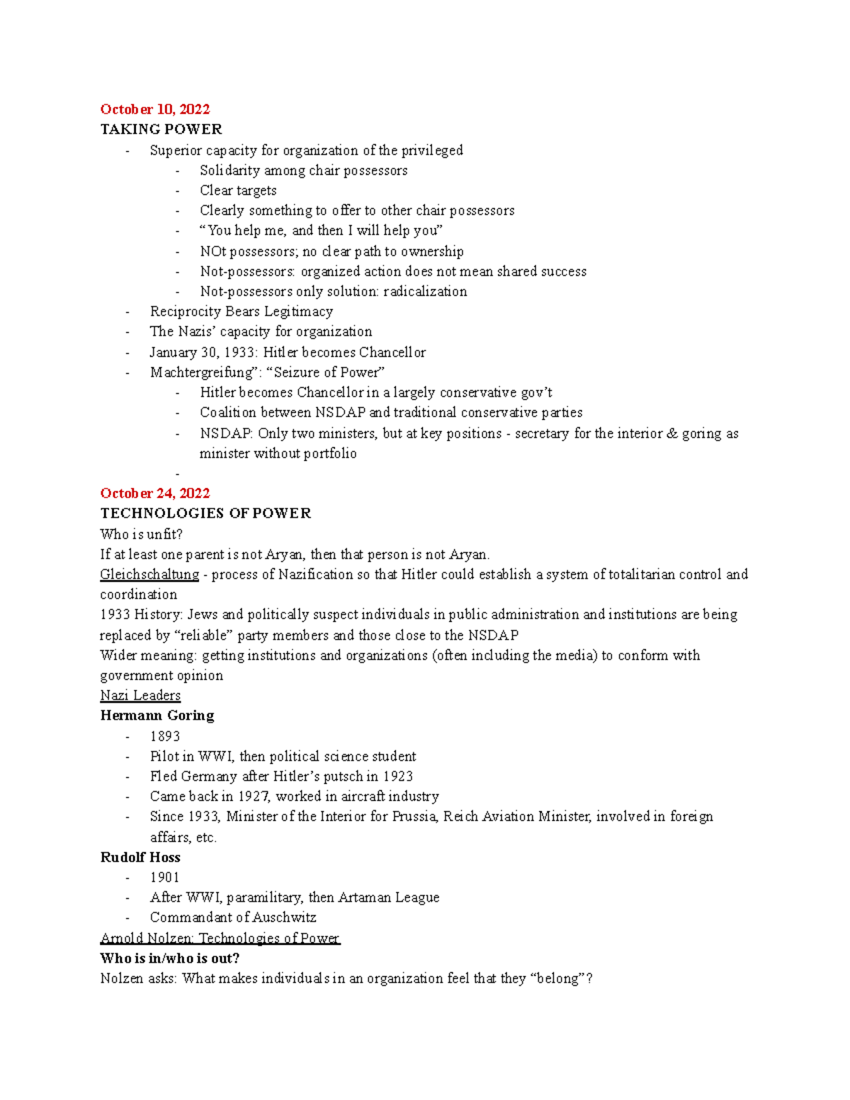 The Nazi State Notes - October 10, 2022 TAKING POWER - Superior ...