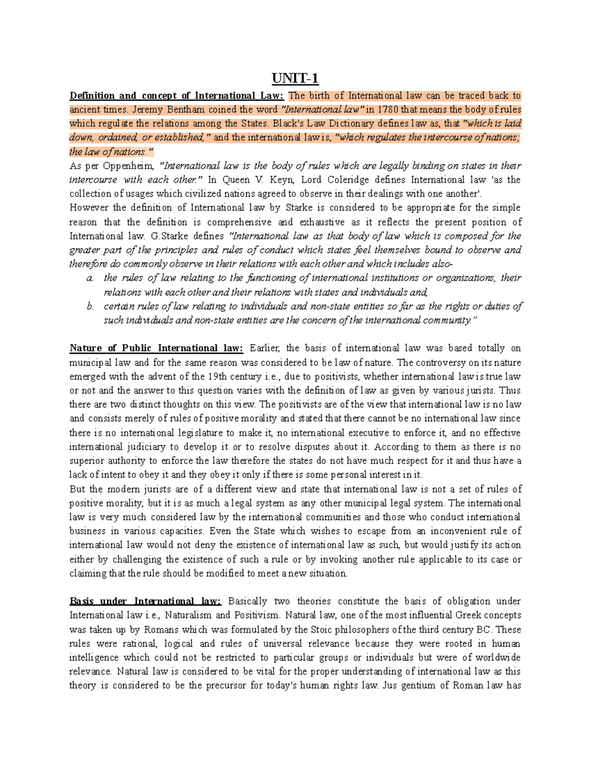 PIL-1 - Notes - UNIT- Definition and concept of International Law: The ...