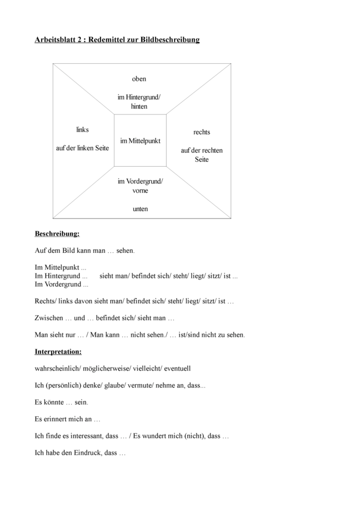 Bildbeschreibung - Wie man ein Bild beschreiben kann - Arbeitsblatt 2 ...