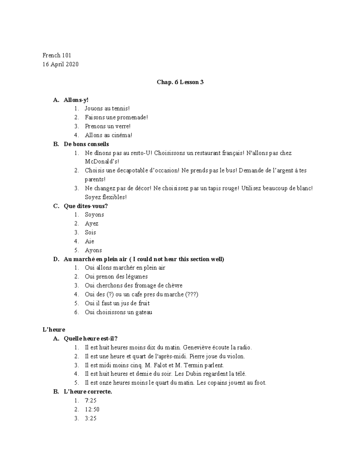 Chap. 6 Lesson 3 - Homework - French 101 16 April 2020 Chap. 6 Lesson 3 ...