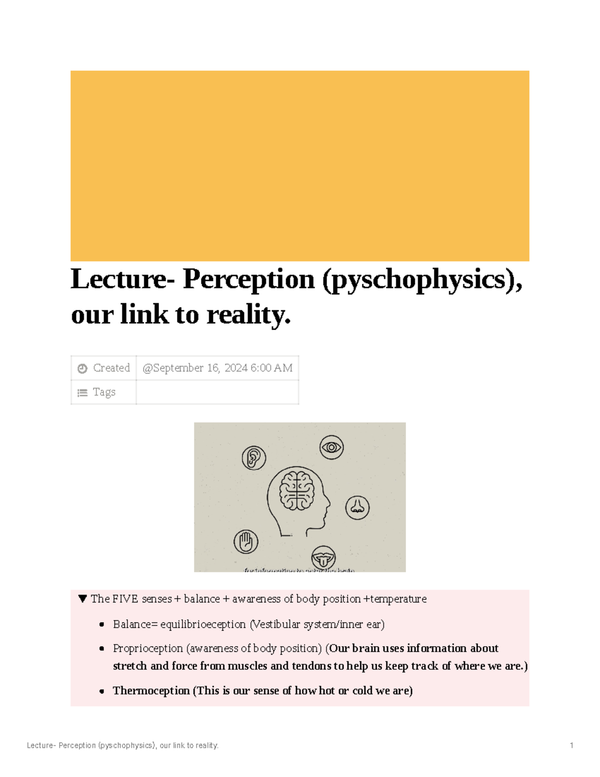 Perception lecture - Lecture- Perception (pyschophysics), our link to reality. Created Tags The ...