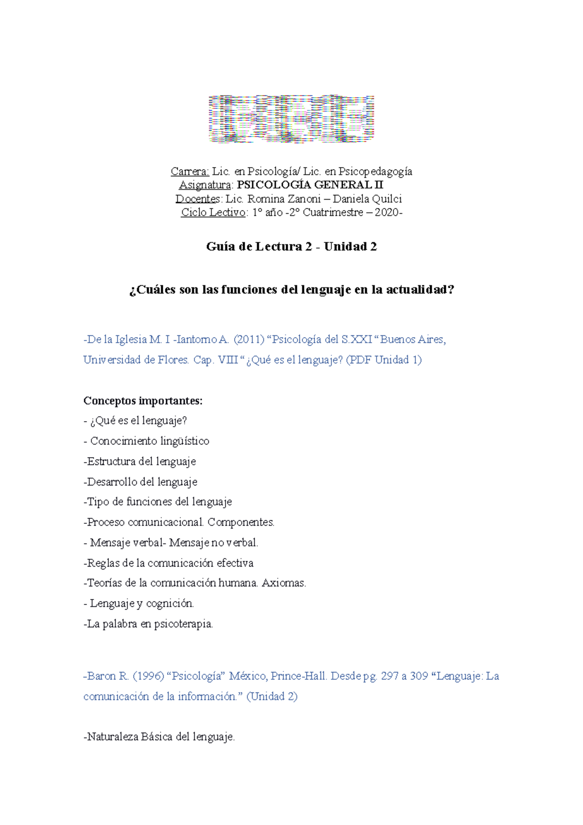 GUÍA DE Lectura 2 Unidad 2 - Carrera: Lic. en Psicología/ Lic. en ...