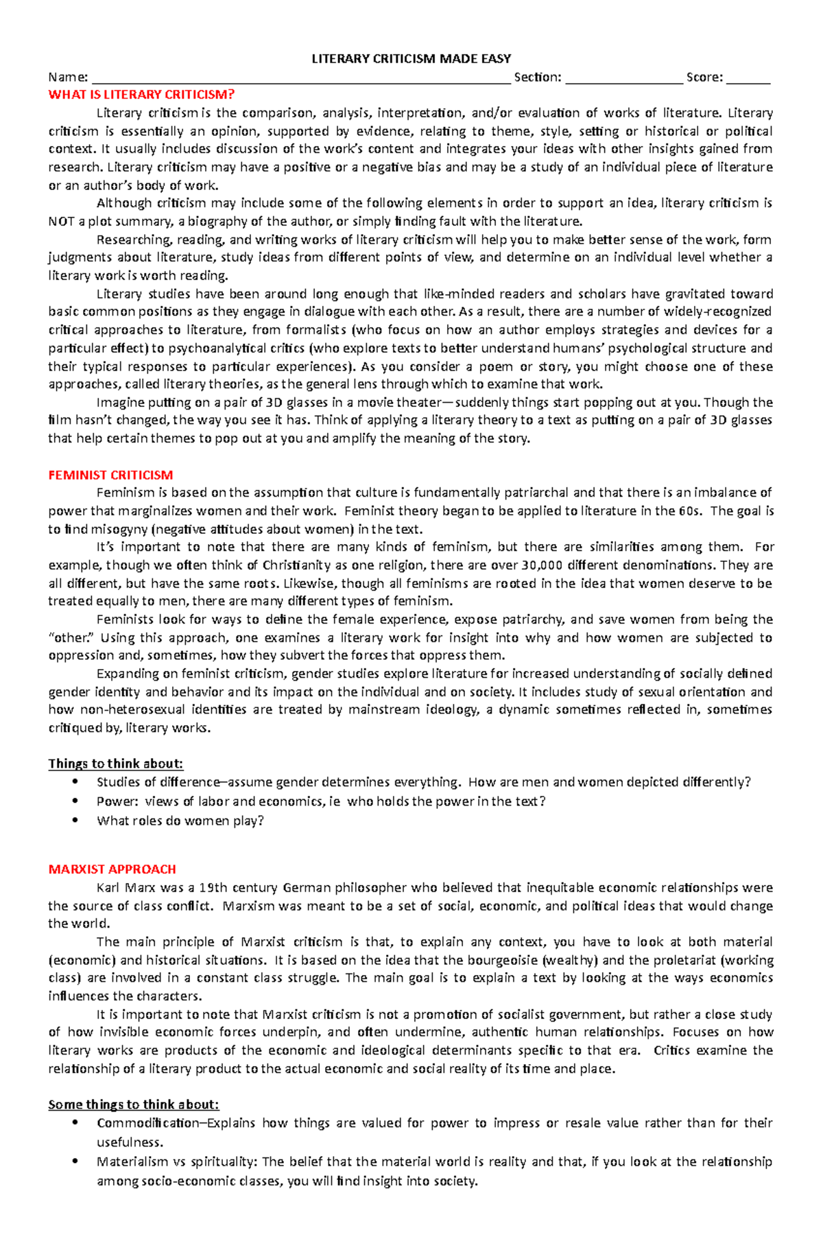 Literary Criticism MADE EASY - LITERARY CRITICISM MADE EASY Name: - Studocu