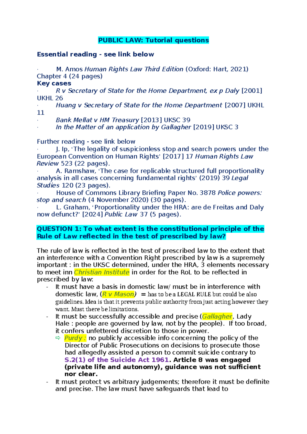 S2 4001 WEEK21 TUTO17 - Tutorial on HRA - PUBLIC LAW: Tutorial questions Essential reading - see ...