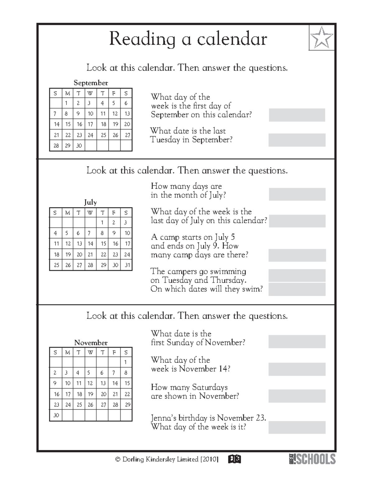 Science Worksheets - Reading a calendar Look at this calendar. Then ...