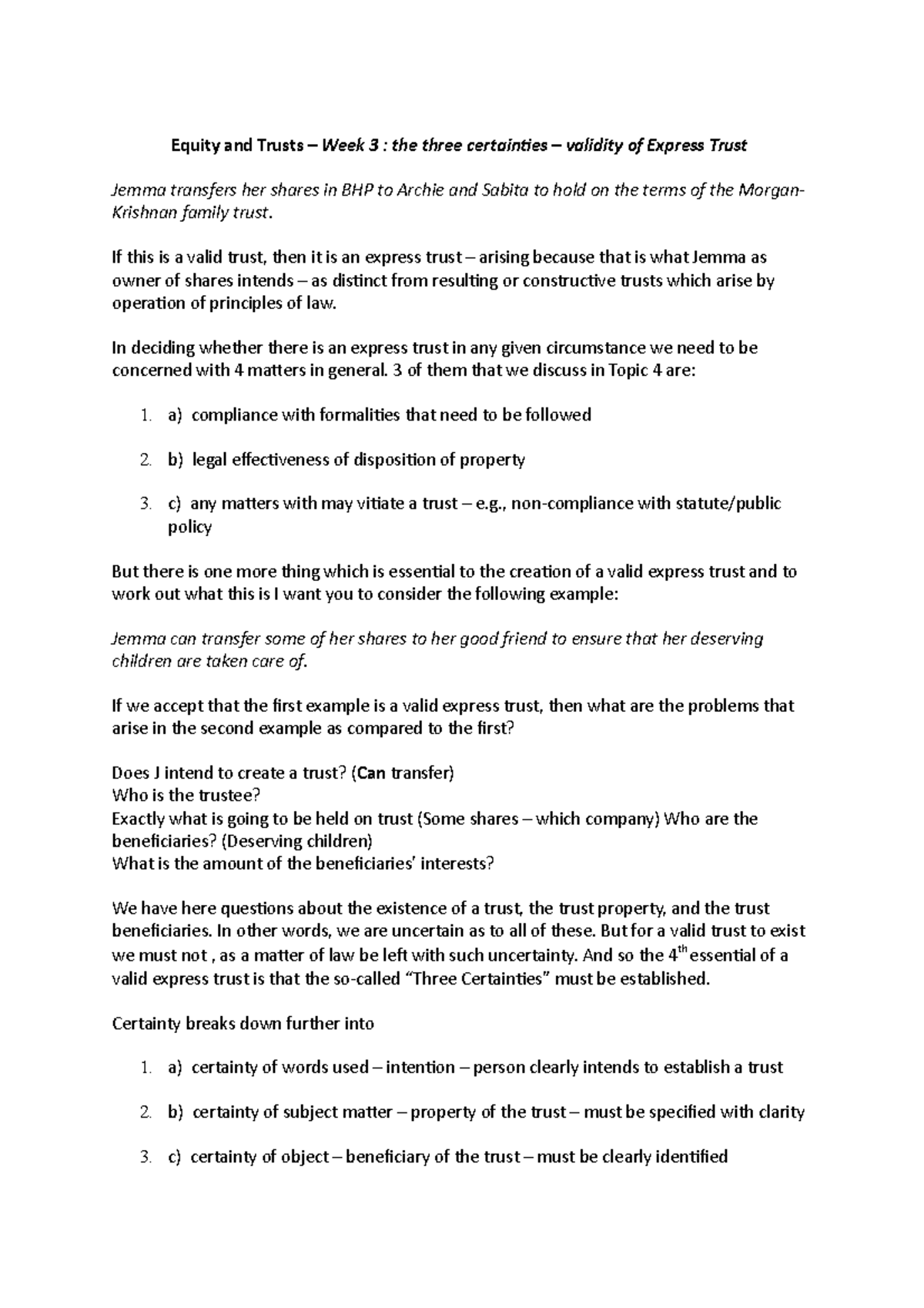 Equity and Trusts – Week 3 - the three certainties – validity of Express Trust - Equity and ...