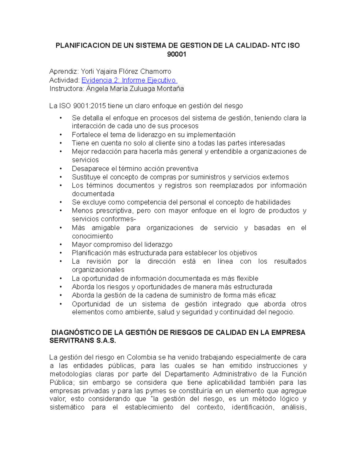 Informe ISO 9001 SISTEMAS DE GESTION - PLANIFICACION DE UN SISTEMA DE ...