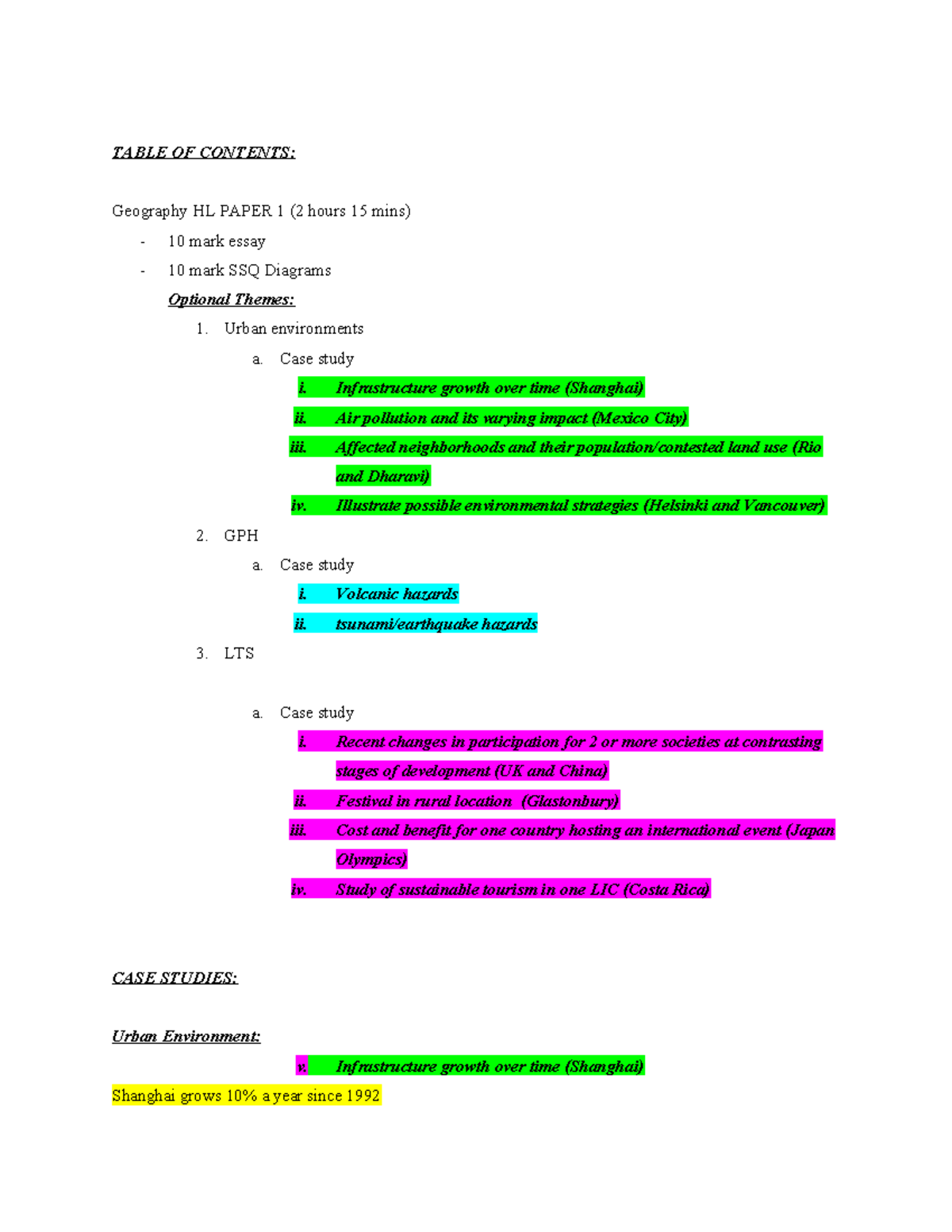 Case study 12 2022 - TABLE OF CONTENTS: Geography HL PAPER 1 (2 hours ...