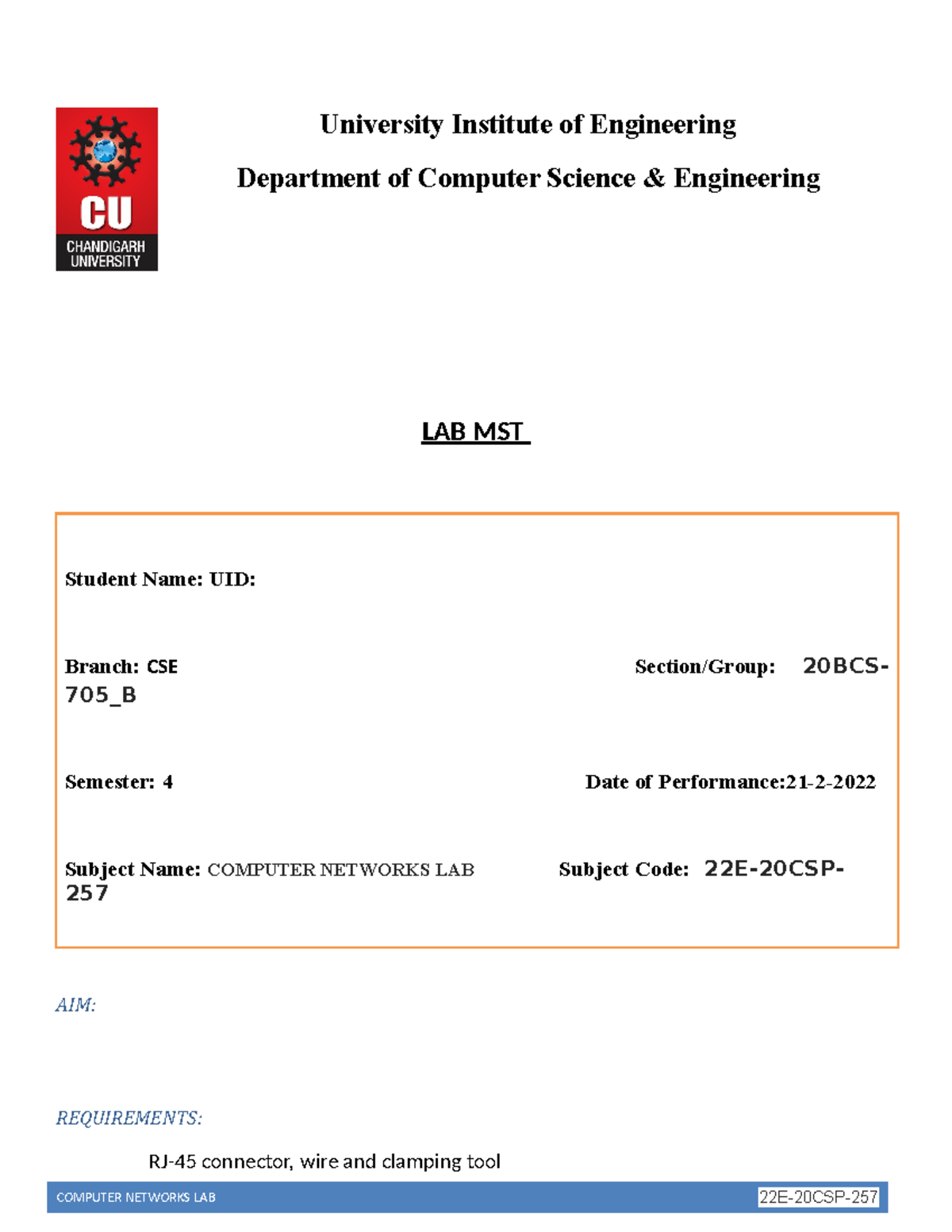 LAB MST - template - University Institute of Engineering Department of Computer Science & - Studocu