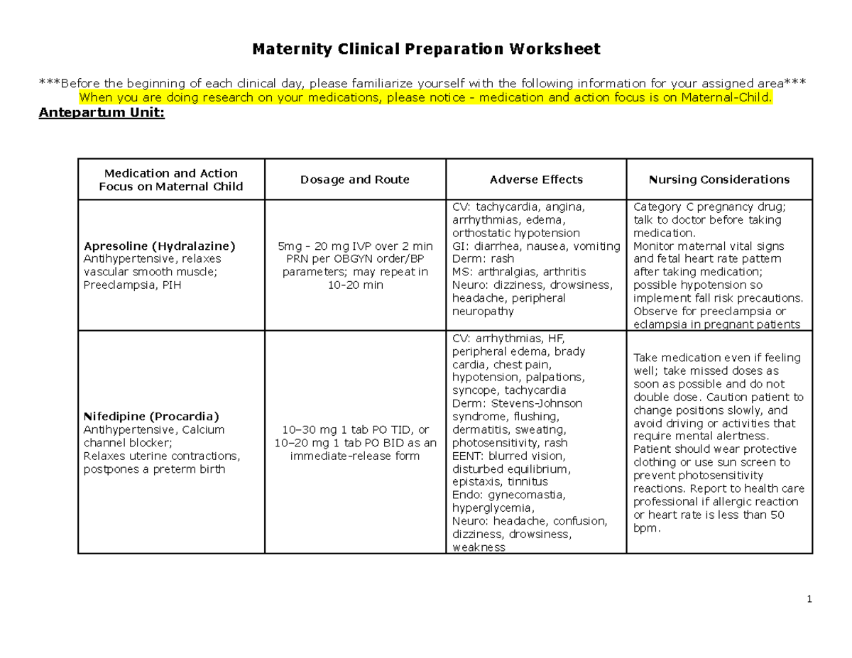 Maternity Medication Preparation Worksheet 2022-1 - Maternity Clinical ...