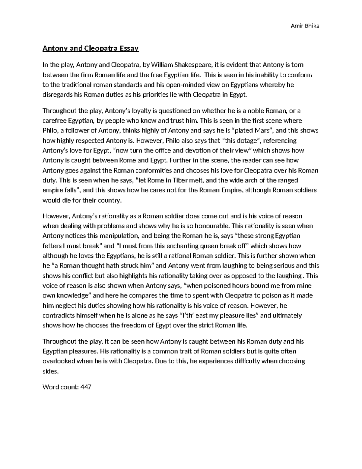 Anthony and Cleopatra Essay - Amir Bhika Antony and Cleopatra Essay In ...