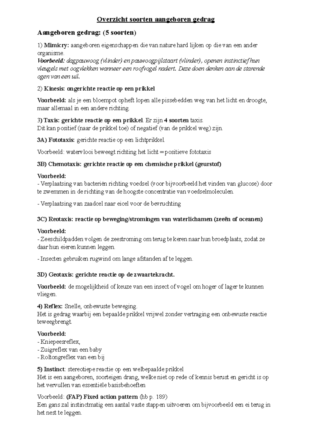 Taak 4de jaar overzicht soorten aangeboren gedrag en aangeleerd gedrag ...