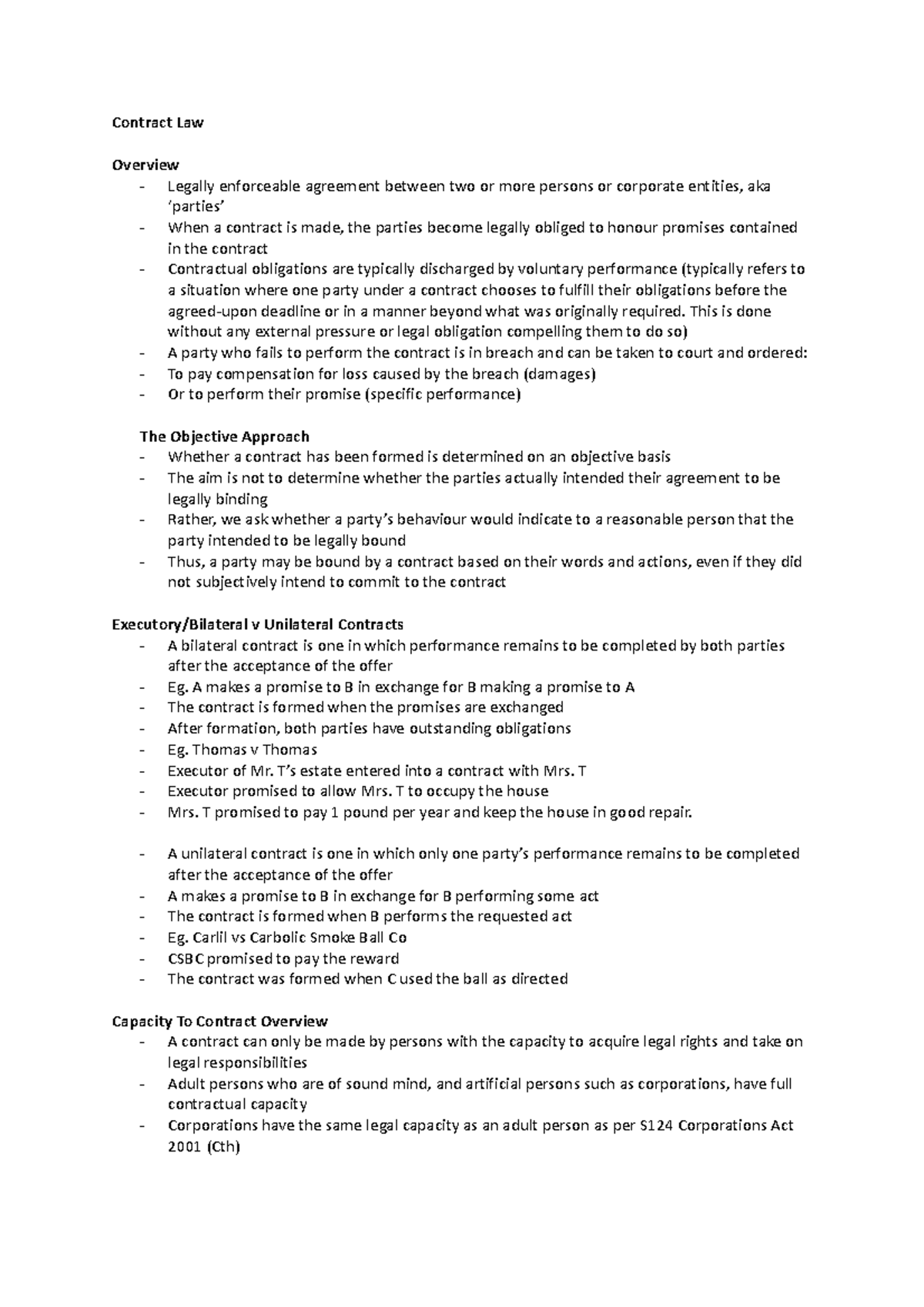 PBL Notes - Contract Law Overview - Legally enforceable agreement ...