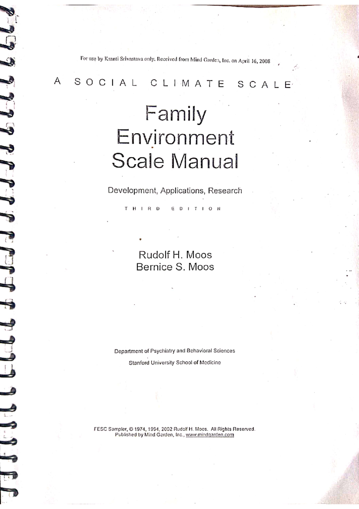 Family Environment Scale Manual - General Psychology - Studocu