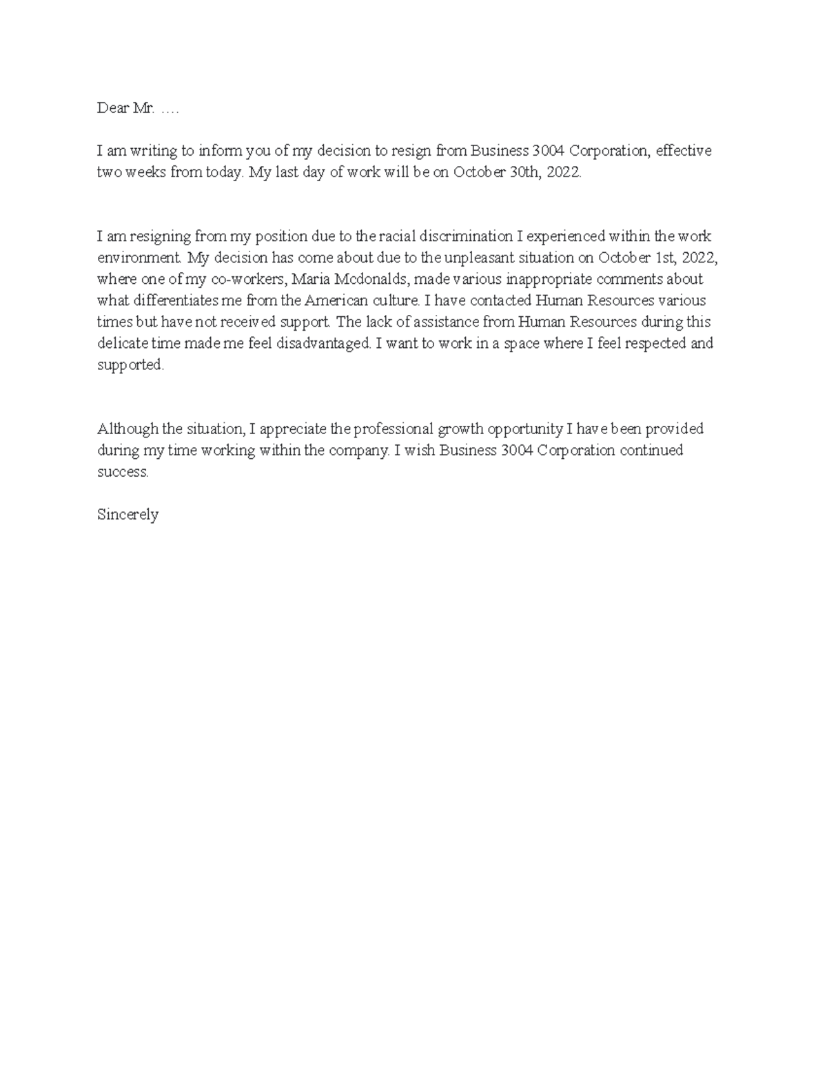 Negative Response Letter BUSN 3004W - Dear Mr. .... I am writing to ...