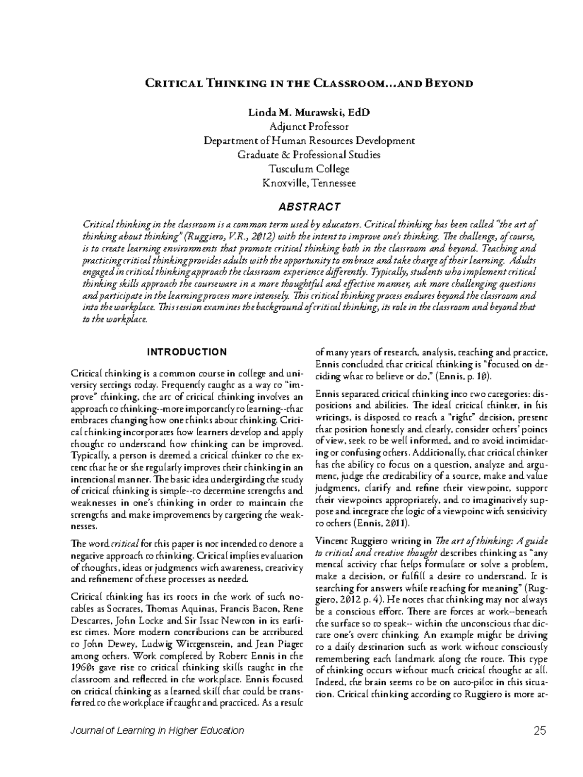 Beyond Critical Thinking - Journal of Learning in Higher Education 25 ...