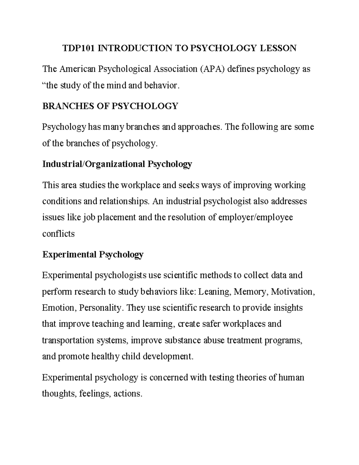 TDP101 Branches OF Psychology 221 - TDP101 INTRODUCTION TO PSYCHOLOGY ...