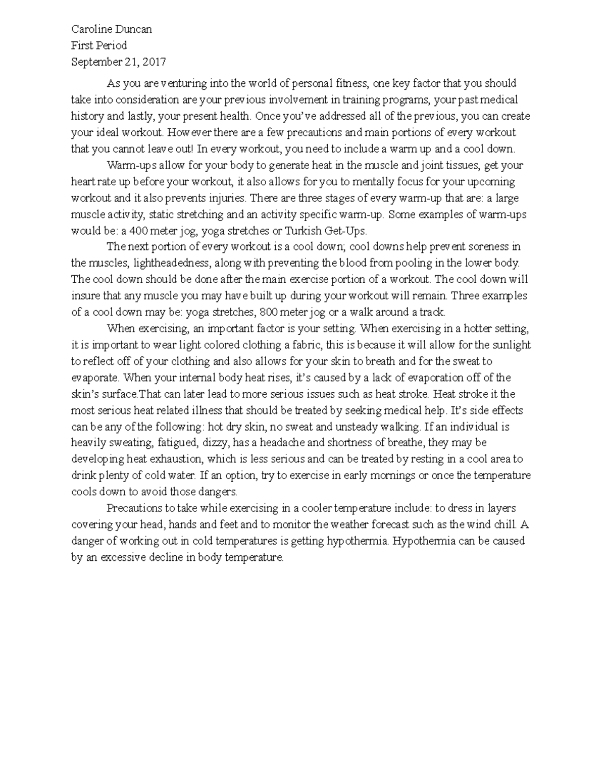 PE- General Training Guidelines Essay - Caroline Duncan First Period ...