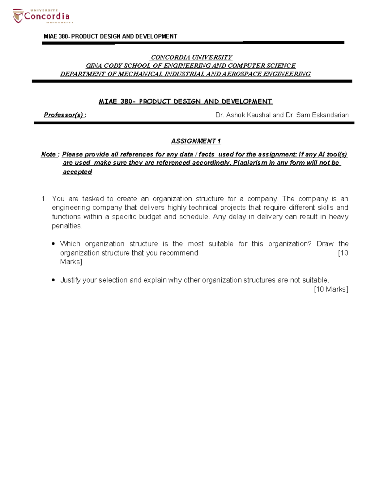 Assignment 1 - CONCORDIA UNIVERSITY GINA CODY SCHOOL OF ENGINEERING AND COMPUTER SCIENCE ...