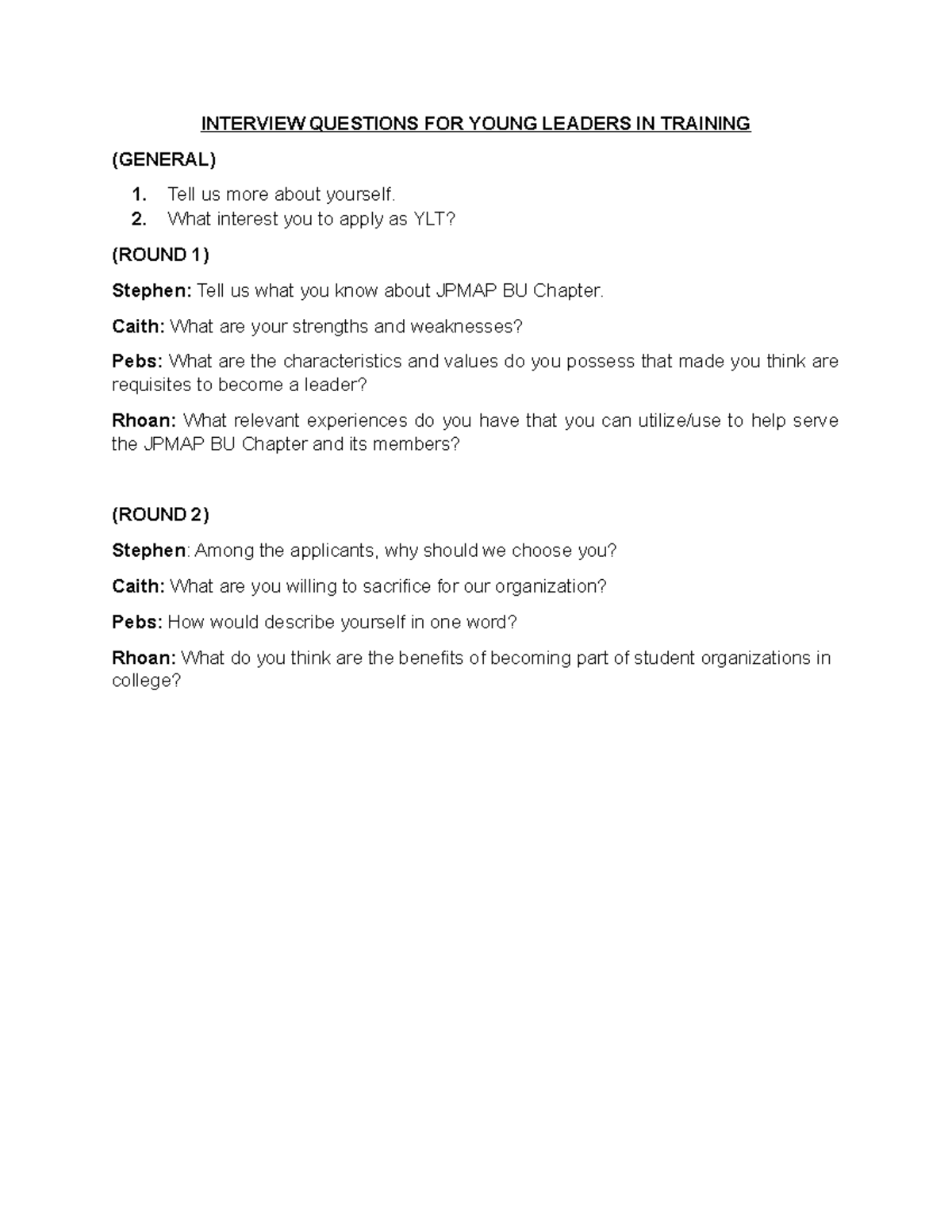 Interview Questions FOR Young Leaders IN Training - INTERVIEW QUESTIONS ...