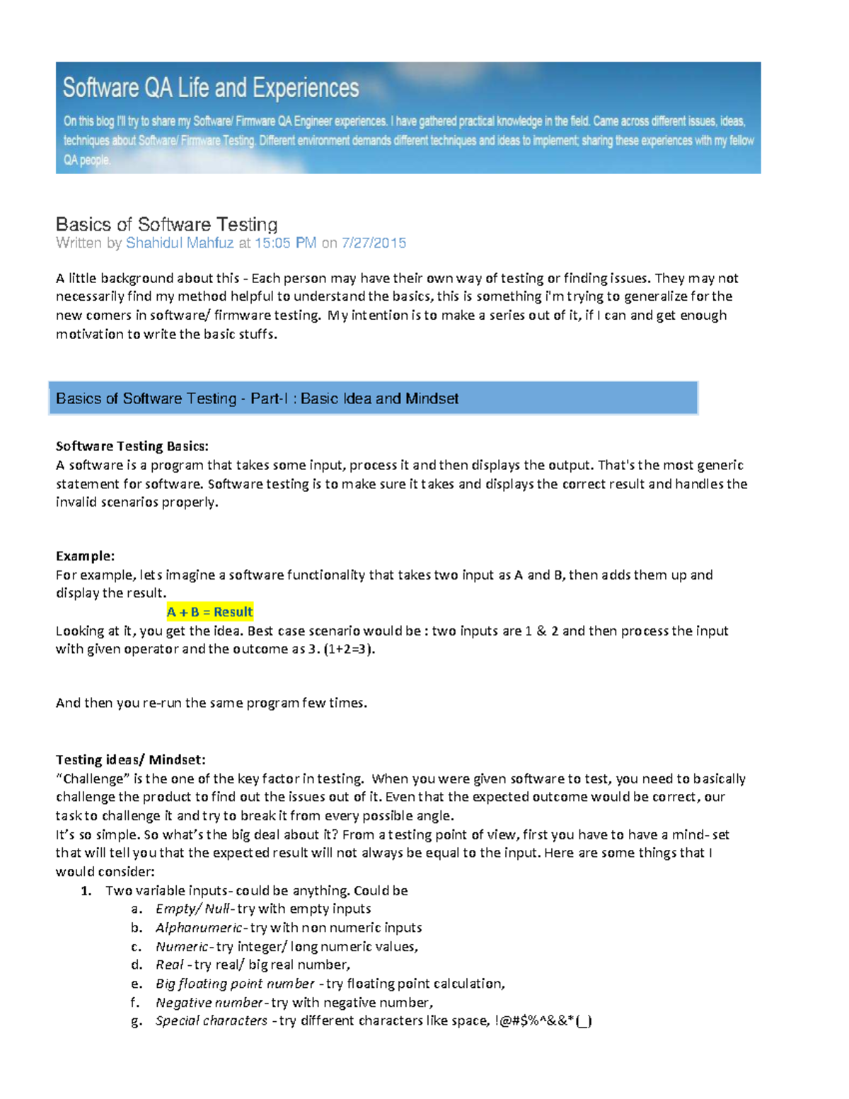Software Testing Basics Part I Basics Of Software Testing Written By Shahidul Mahfuz At 1505