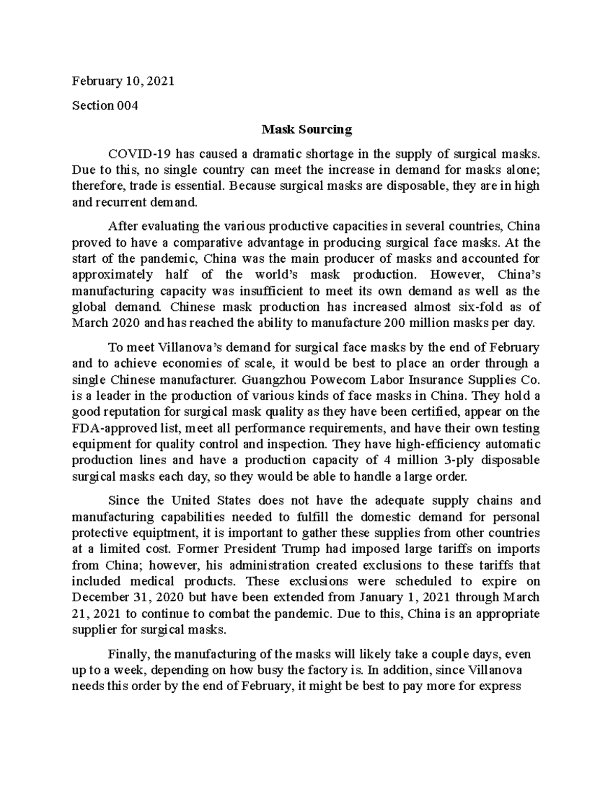 Mask Sourcing Assignment - February 10, 2021 Section 004 Mask Sourcing ...