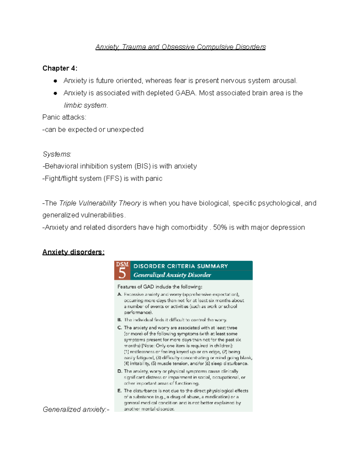 Psych 100 Week 5 - Week 5 lecture notes - Anxiety, Trauma and Obsessive ...
