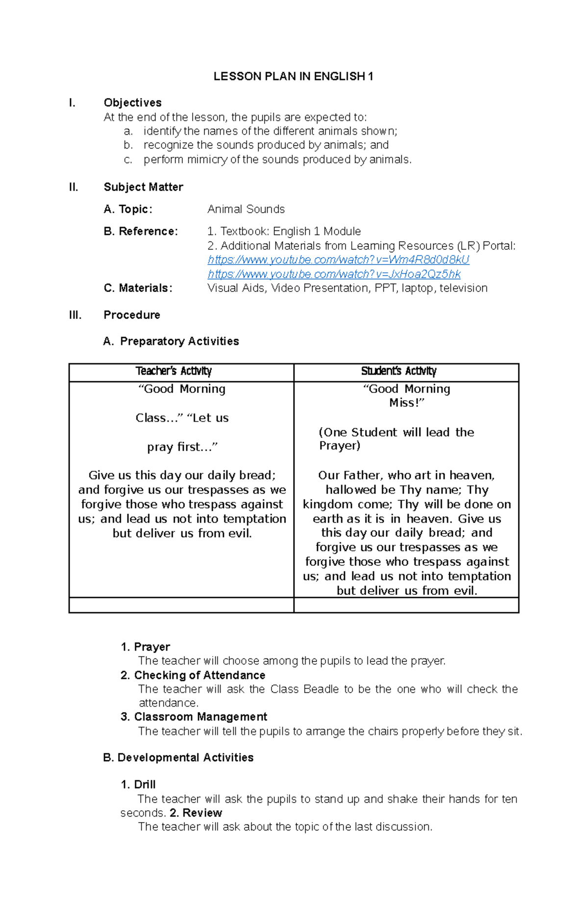 Music 221 ( detailed lesson plan ) - LESSON PLAN IN ENGLISH 1 I ...