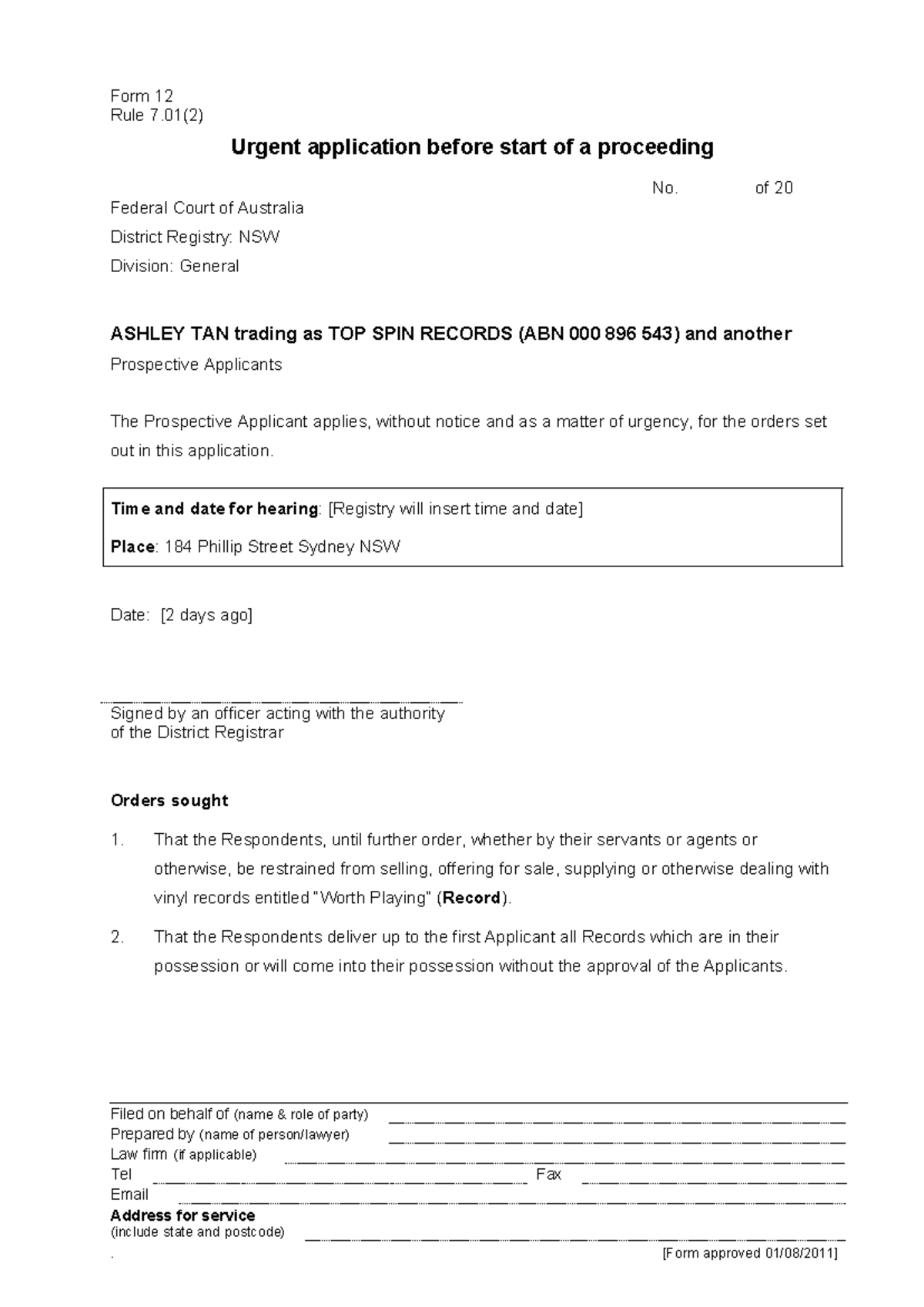 FCA form012 2011 0801 - College of law - Form 12 Rule 7(2) Urgent ...