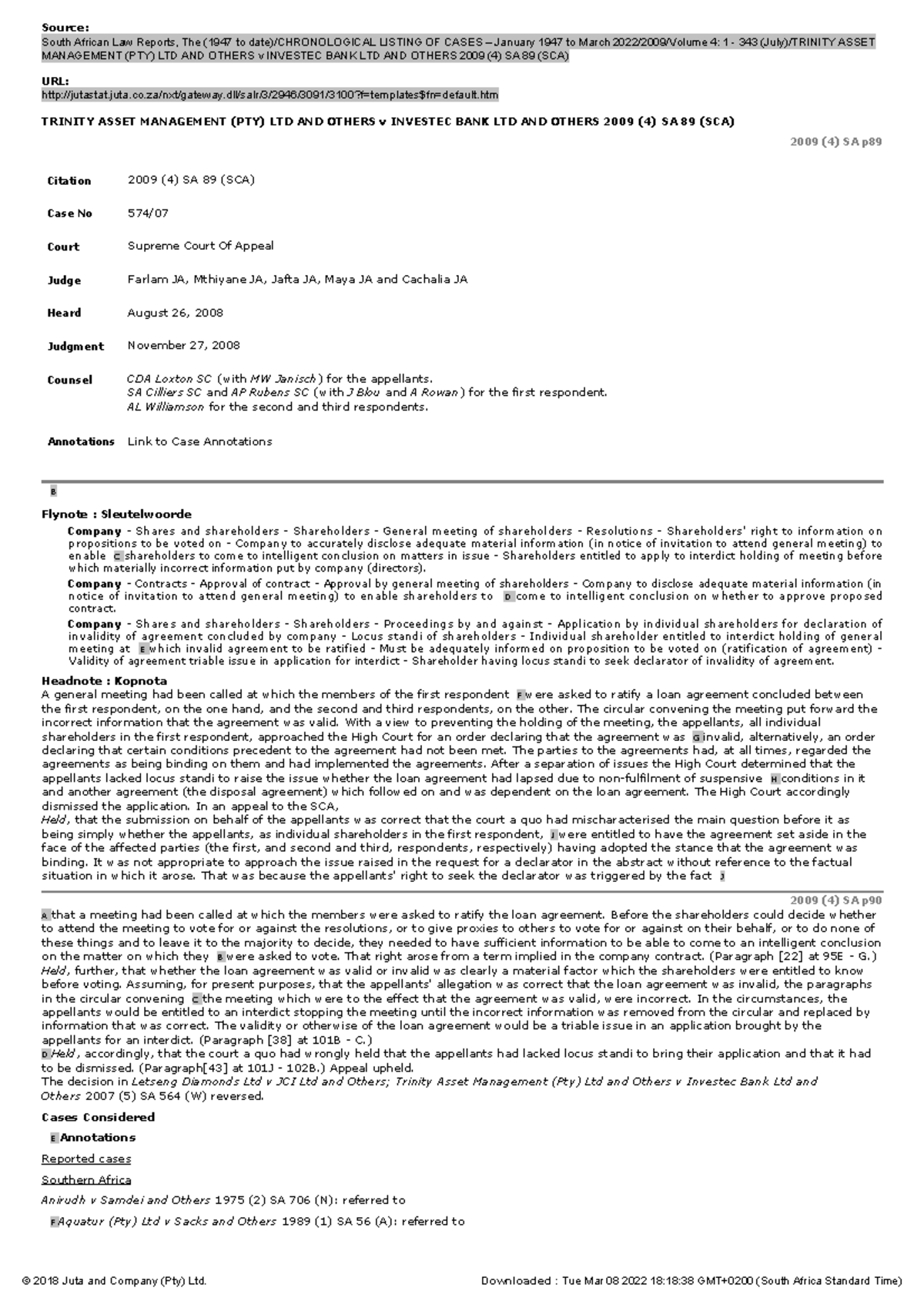 Trinity Asset Management (PTY) LTD AND Others v Investec BANK LTD AND ...